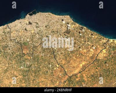 Tripoli, district of Libya. Low resolution satellite map. Locations and ...