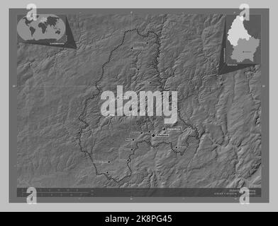 Diekirch, district of Luxembourg. Grayscale elevation map with lakes ...