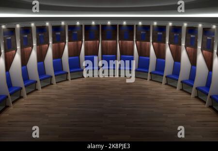 A sports locker room made of a semi circle of cubicles and a padded ...