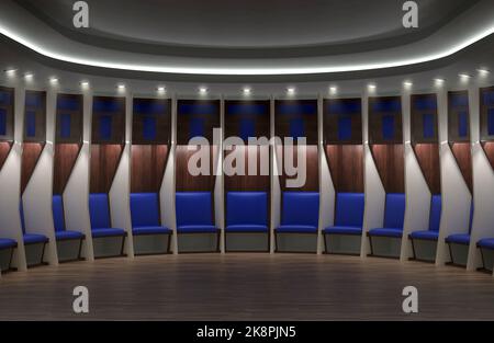 A sports locker room made of a semi circle of cubicles and a padded ...