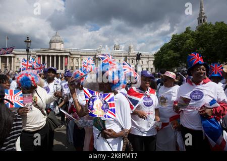Revellers with Union flags gather in Trafalgar Square, central London, on the first day of the ...