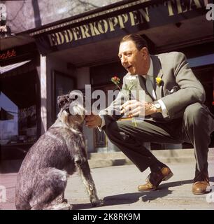 Oslo April 1966: Actor Leif adjusts with his dog outside the spider ...