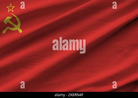 Soviet Union flag with big folds waving close up under the studio light ...