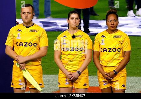 Referee Kasey Badger (centre) before the Rugby League World Cup group D ...