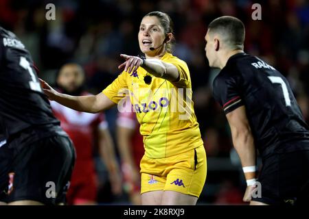 Referee Kasey Badger during the Rugby League World Cup group D match at ...