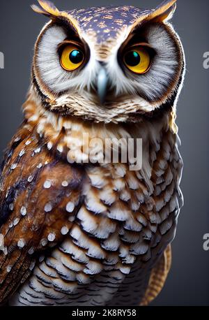 A vertical closeup of a 3D-rendered colorful owl with big eyes, dark ...