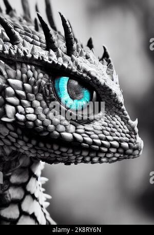 A vertical grayscale closeup of a 3D rendering of macaw parrot on the ...