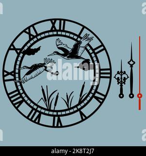 Beautiful clock with birds carved by laser. Stork in flight. Vector ...