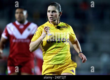 Referee Kasey Badger during the Rugby League World Cup group D match at ...