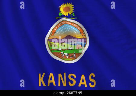 Kansas US state flag with big folds waving close up under the studio ...