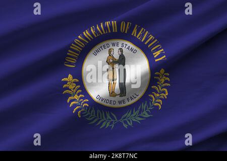Kentucky US state flag with big folds waving close up under the studio ...