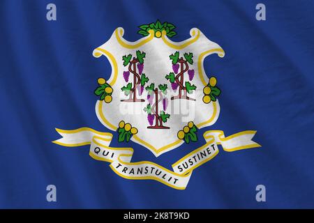 Connecticut US state flag with big folds waving close up under the ...
