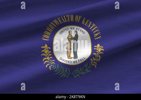 Kentucky US state flag with big folds waving close up under the studio ...