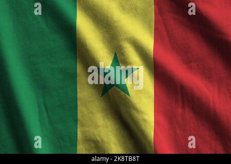 Senegal flag with big folds waving close up under the studio light ...