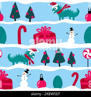 Christmas cartoon seamless dinosaur dragon monsters pattern for winter ...