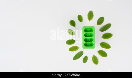 Green electricity socket with leaves, substainable renewable energy ...