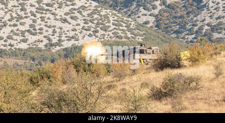 A Leo2 A6 HEL assigned to the Hellenic XXV Armored Brigade, prepares to ...