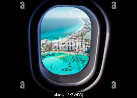 Cancun beach view from jet plane window Stock Photo - Alamy