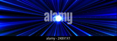 Straight blue trails in tunnel with bright light at end, realistic ...