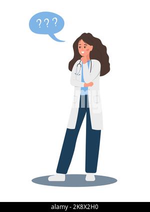 Female doctor in doubt. Thinking woman in uniform with question mark ...