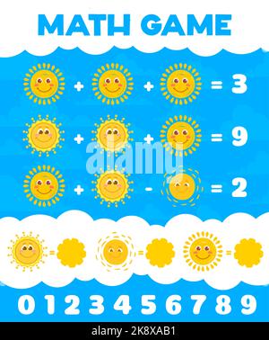 Math game worksheet. Cartoon sun characters. Children education game ...