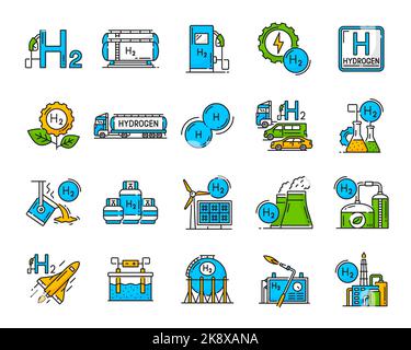 Hydrogen molecule color icon, H2 production technology of green energy ...