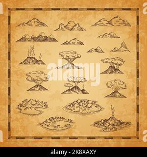Island mountains and volcano sketch, vector treasure map landscape ...