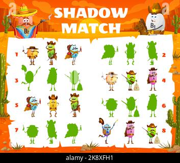 Shadow match game. Wild West cartoon Western cowboy, sheriff and robber ...