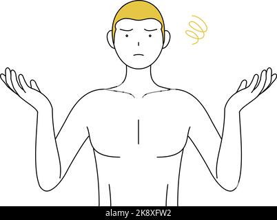 Line drawing of a man with epilated hair, depressed pose with his hands ...