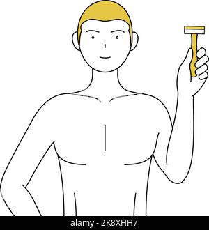 Line drawing of a man with epilated hair, depressed pose with his hands ...