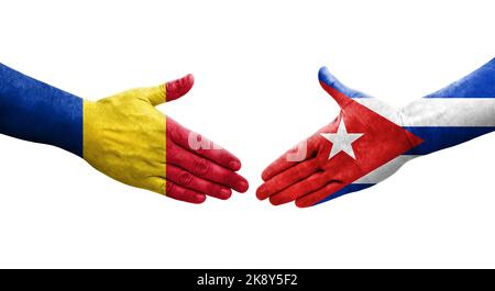 Handshake between romania and cuba flags painted on hands, illustration ...