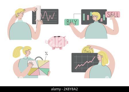 Characters analyzing stock market data, Stock trading concept ...