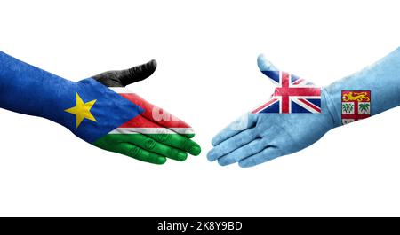 Handshake between Sudan and Fiji flags painted on hands, isolated ...