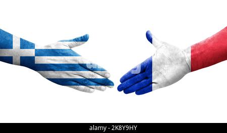 Handshake between greece and france flags painted on hands ...