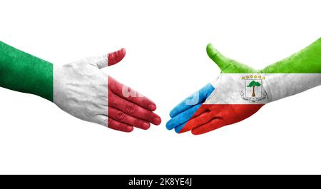 Handshake between Italy and Guinea flags painted on hands, isolated ...