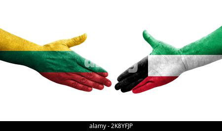 Handshake between lithuania and kuwait flags painted on hands ...