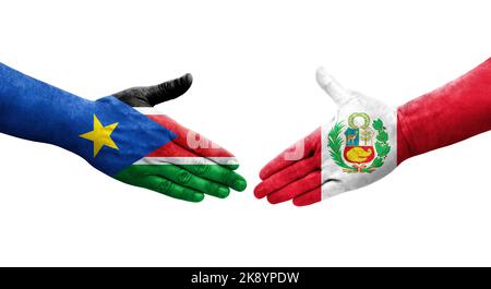 Handshake between Sudan and Peru flags painted on hands, isolated ...