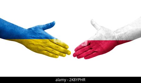 Handshake between poland and ukraine flags painted on hands ...