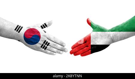 Handshake between South Korea and United Kingdom flags painted on hands ...