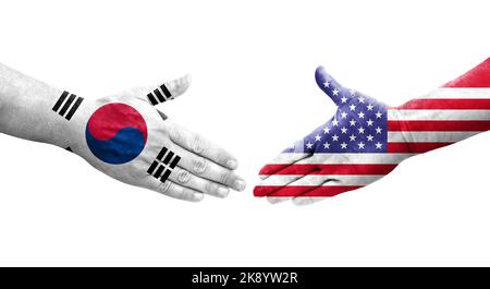 Handshake between South Korea and United Kingdom flags painted on hands ...