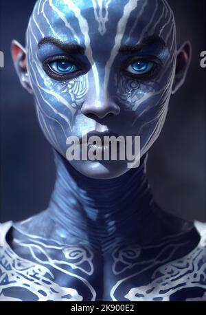 A vertical hyper-realistic illustration of a graceful blue alien Stock ...