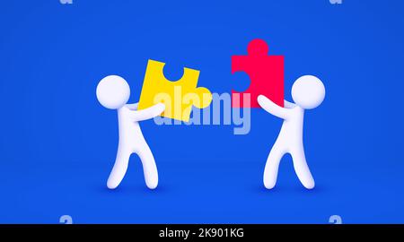 3d white people team assemble two color piece of a puzzle, isolated ...