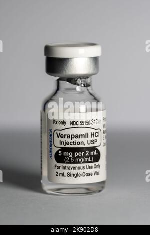 Verapamil high blood pressure drug. Capsule of verapamil hydrochloride ...
