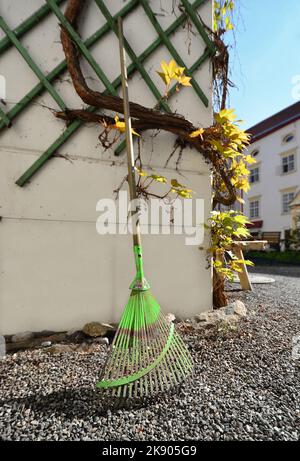 tools leaning against a wall in an archaeological excavation ...