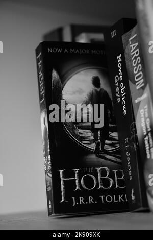 A vertical grayscale closeup of J. R. R. Tolkien's The Hobbit novel on ...