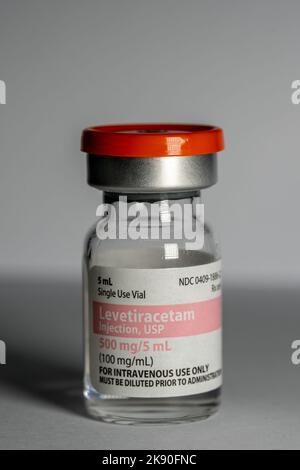 A bottle of Levetiracetam anticonvulsant treating epileptic seizures ...