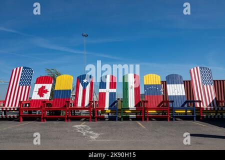 Detroit, Michigan - Large chairs painted as flags outside the Poronga ...