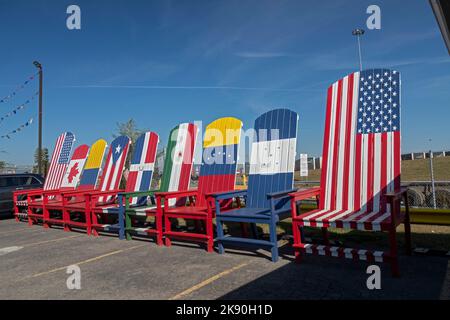 Detroit, Michigan - Large chairs painted as flags outside the Poronga ...