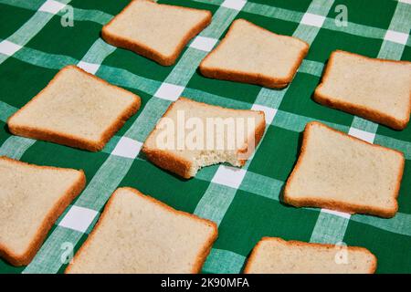 Original composition with uncooked bread toasts on plaid green and ...