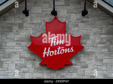 Tim Hortons Maple Leaf logo Huntsville, Ontario. Sunday October 16 2022 ...